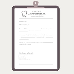 Editable Dentist Excuse Note Template (PDF, Word, Google Docs) - Etsy