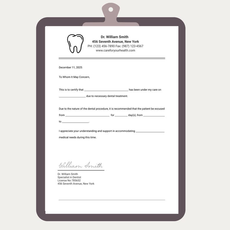 Editable Dentist Excuse Note Template (PDF, Word, Google Docs) - Etsy