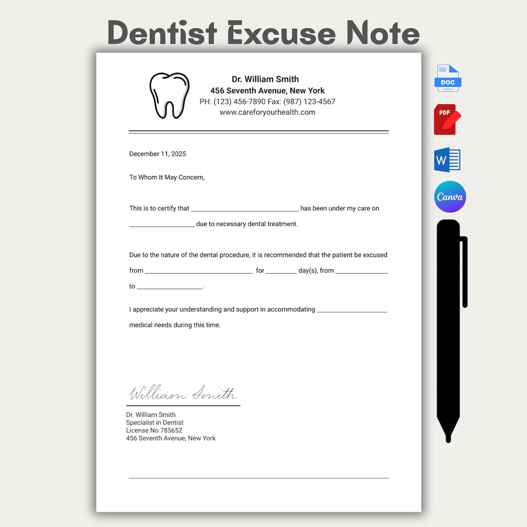 Editable Dentist Excuse Note Template (PDF, Word, Google Docs) - Etsy