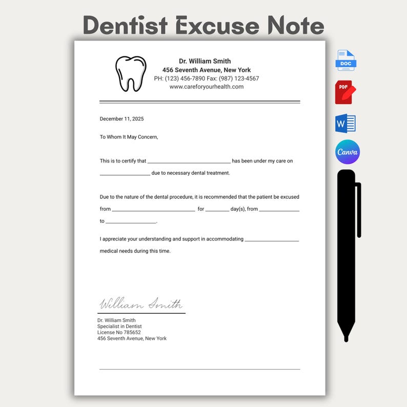 Editable Dentist Excuse Note Template (PDF, Word, Google Docs) - Etsy