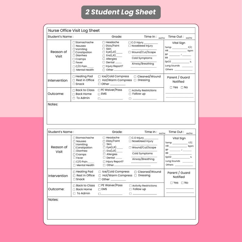 School Nurse Visit Log Sheet | Printable & Editable Health Office ...