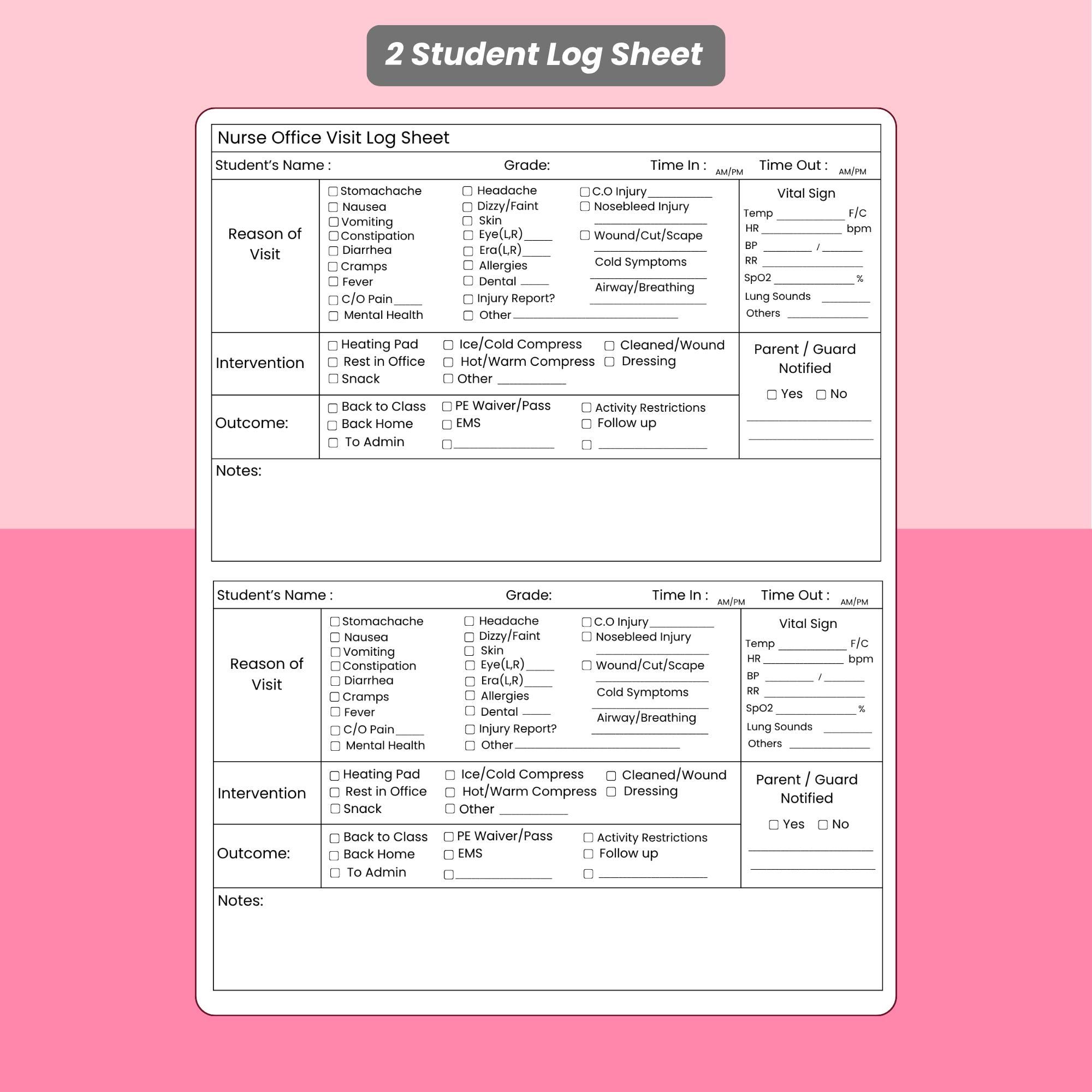 School Nurse Visit Log Sheet | Printable & Editable Health Office ...
