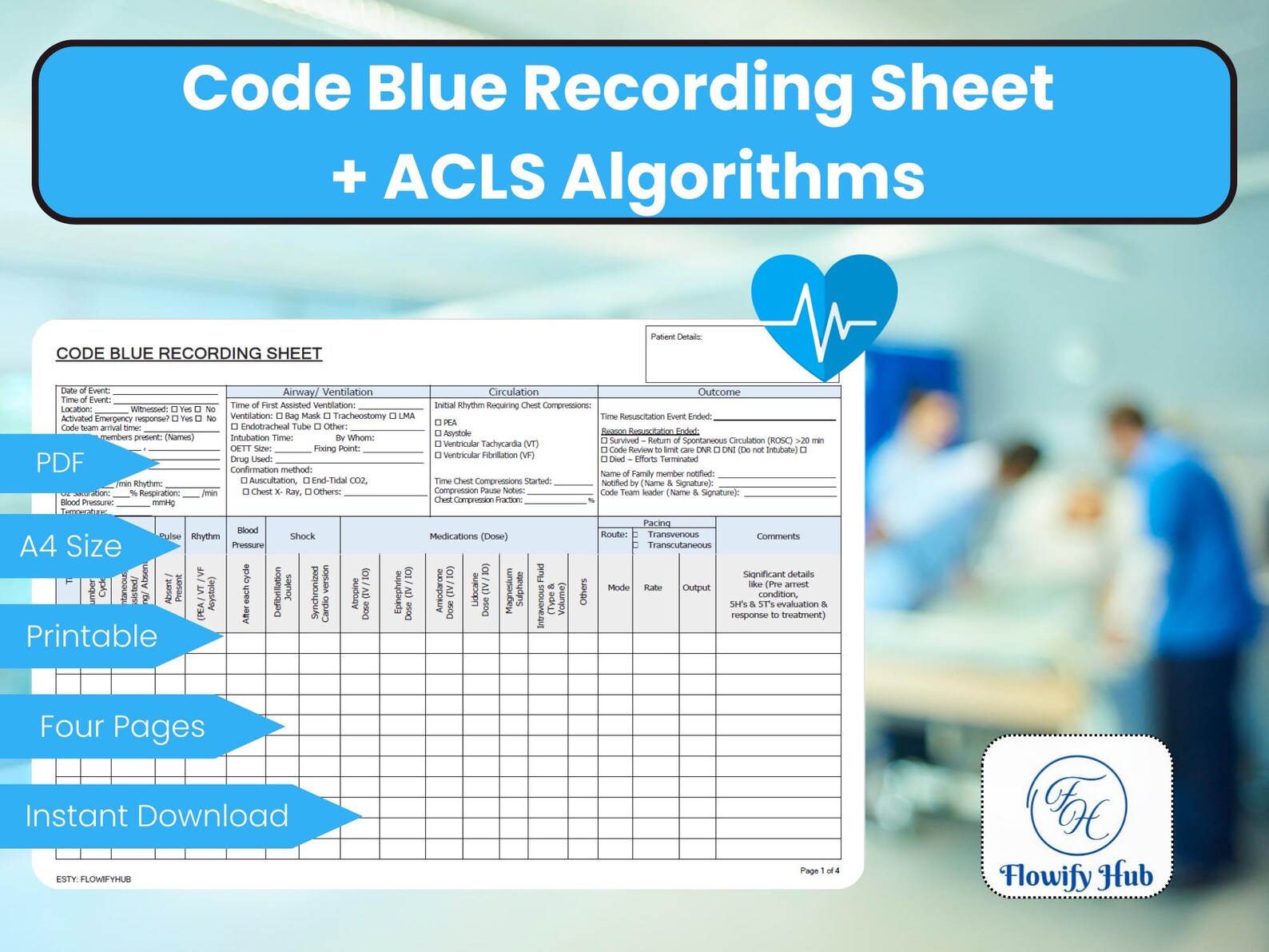 Code Blue Recording Sheets (instant Download, PDF, A4 Landscape, 4 ...