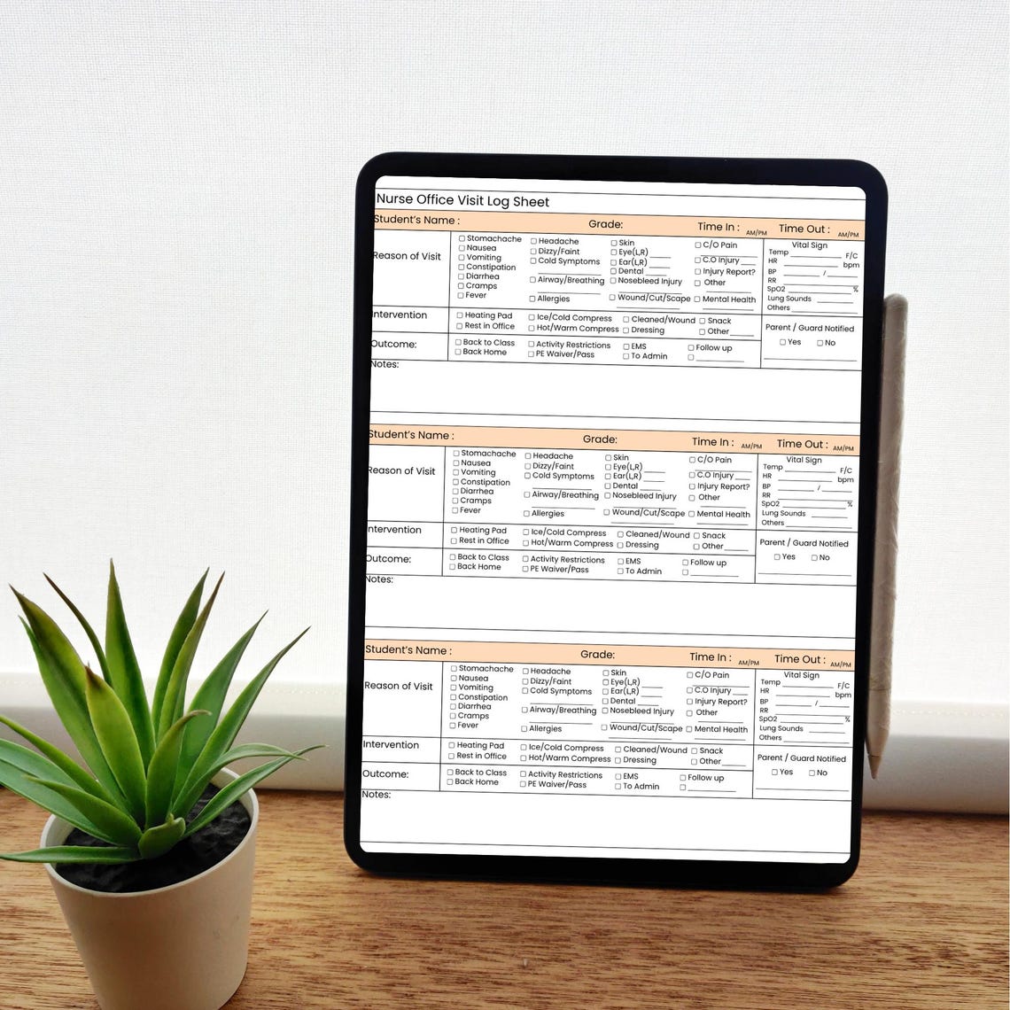School Nurse Visit Log Sheet | Printable & Editable Health Office ...