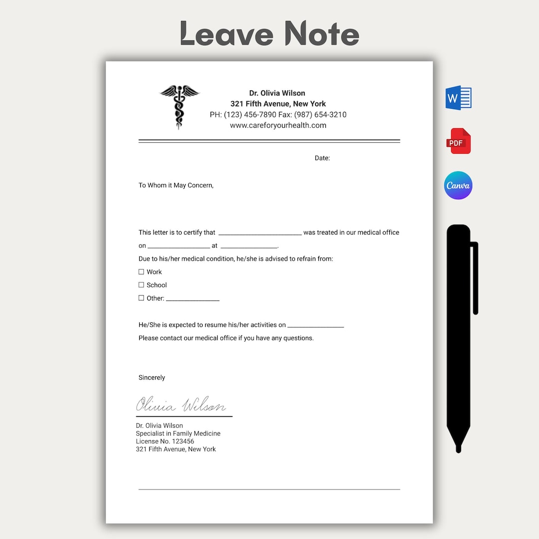 Editable Doctor's Excuse Template | Absence Form (word, PDF, Canva) - Etsy