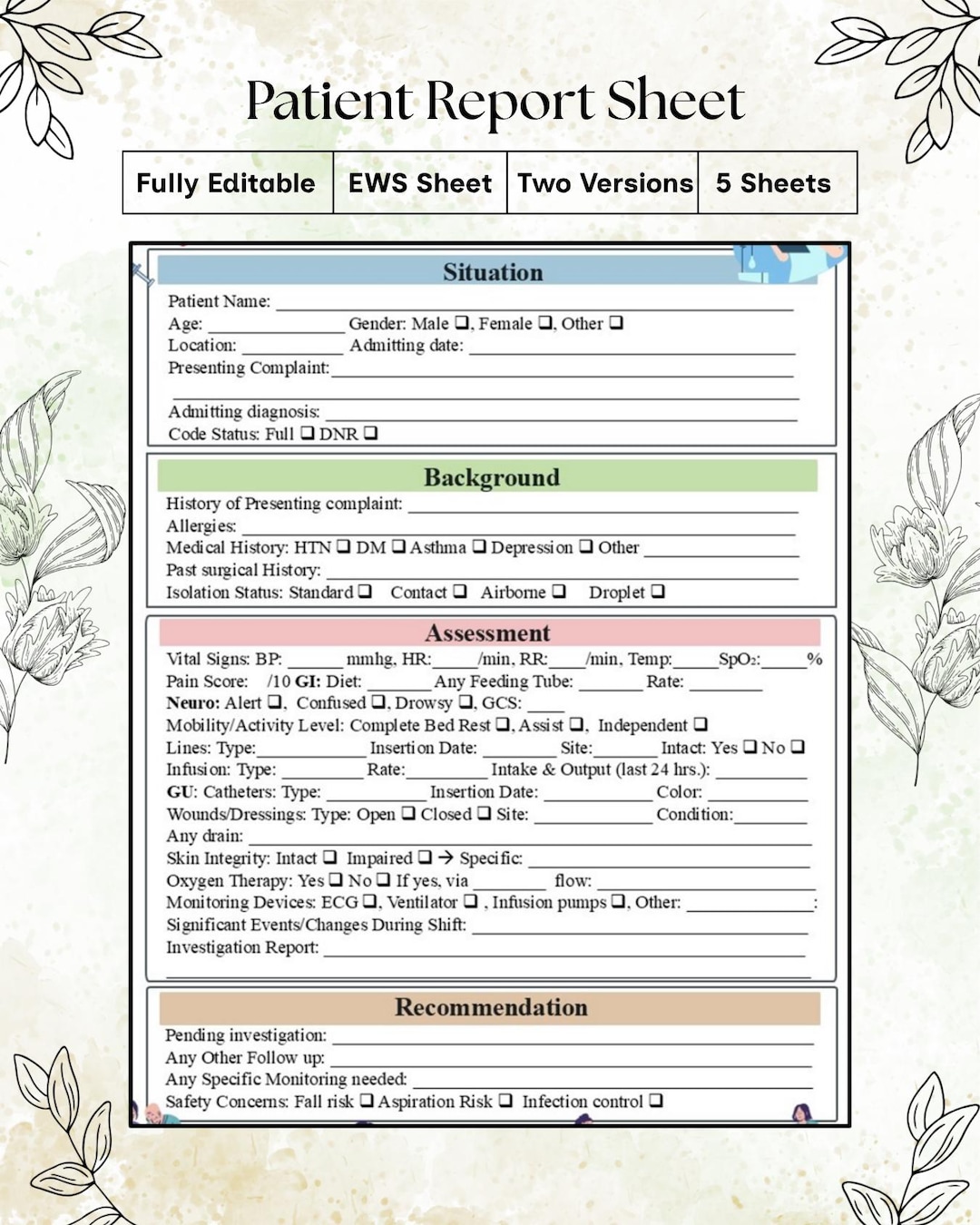 Patient Report Template | Sbar, Mews & Pews Form | Nurse Handoff Notes ...