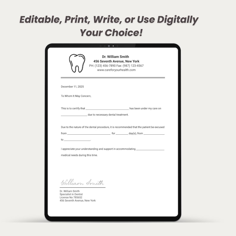 Editable Dentist Excuse Note Template (PDF, Word, Google Docs) - Etsy