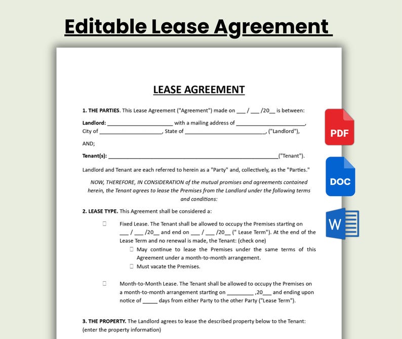 Editable Rental Agreement Template, Printable Lease, Landlord Forms ...