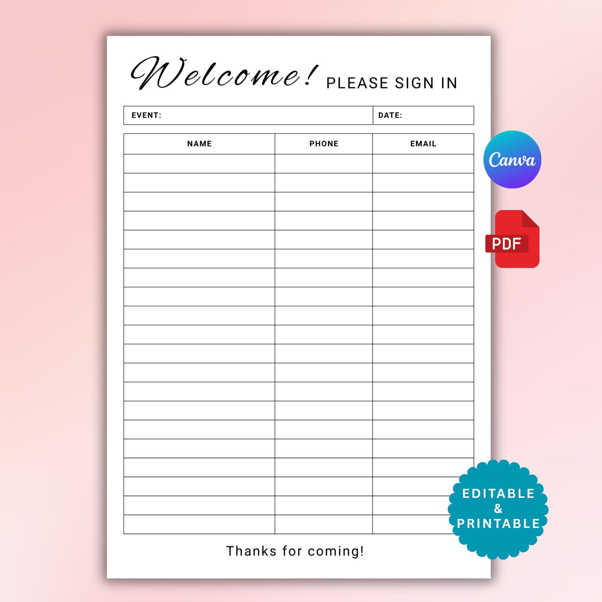 Event Sign in Sheet | Open House, Meeting Guest Log (editable PDF) - Etsy