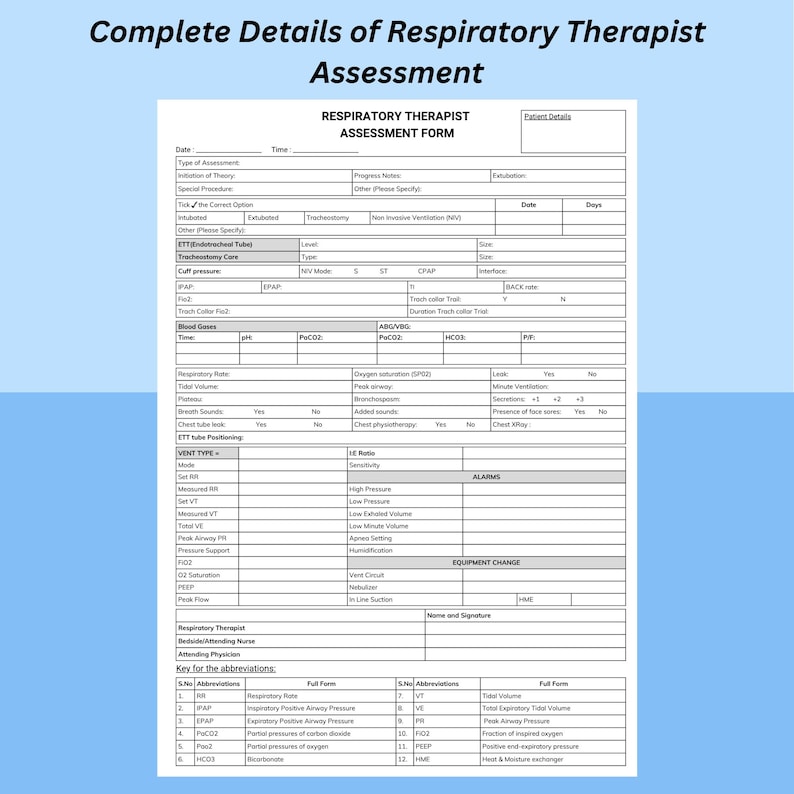Respiratory Therapist Report Sheet | ICU Report | RT Assessment Form ...