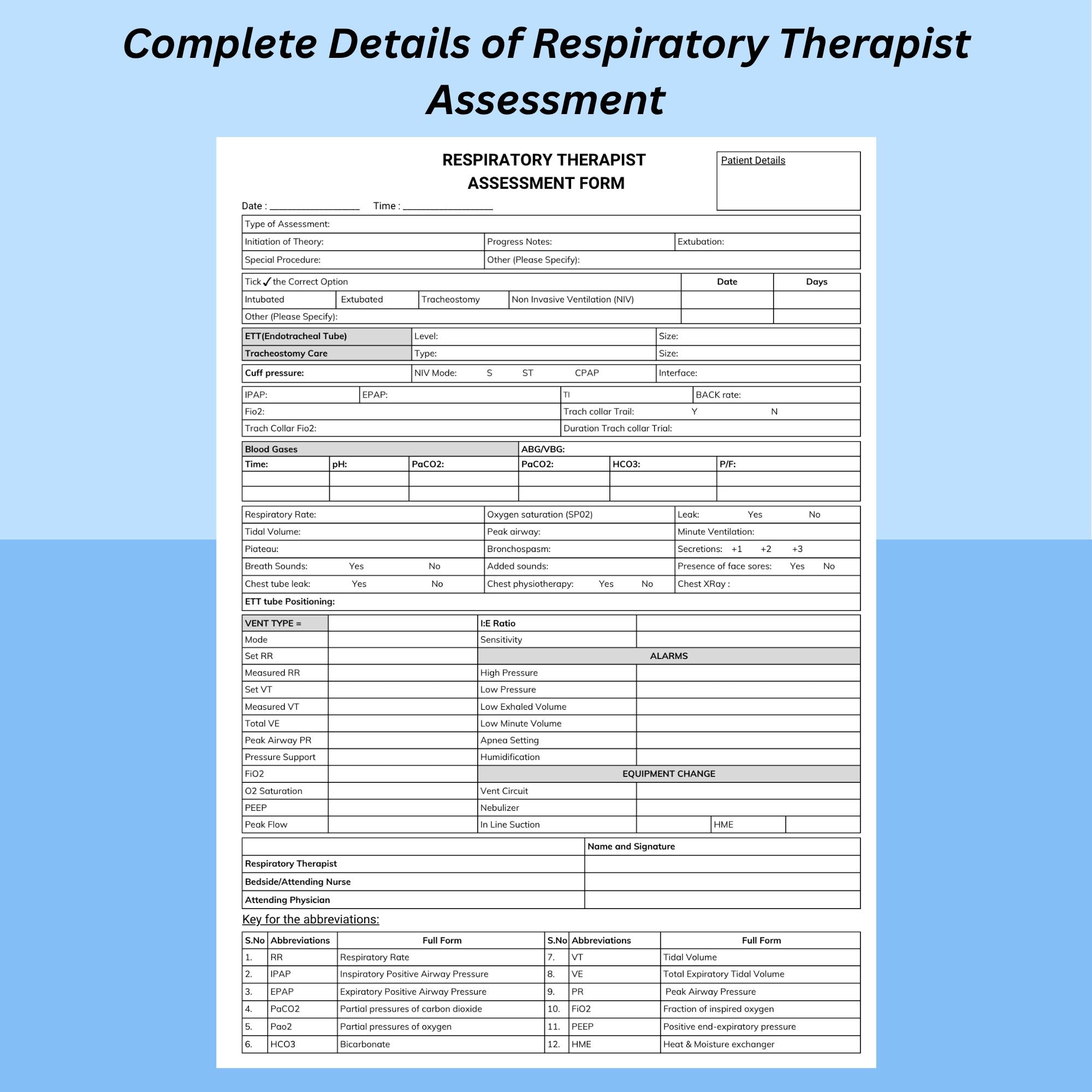 Respiratory Therapist Report Sheet | ICU Report | RT Assessment Form ...