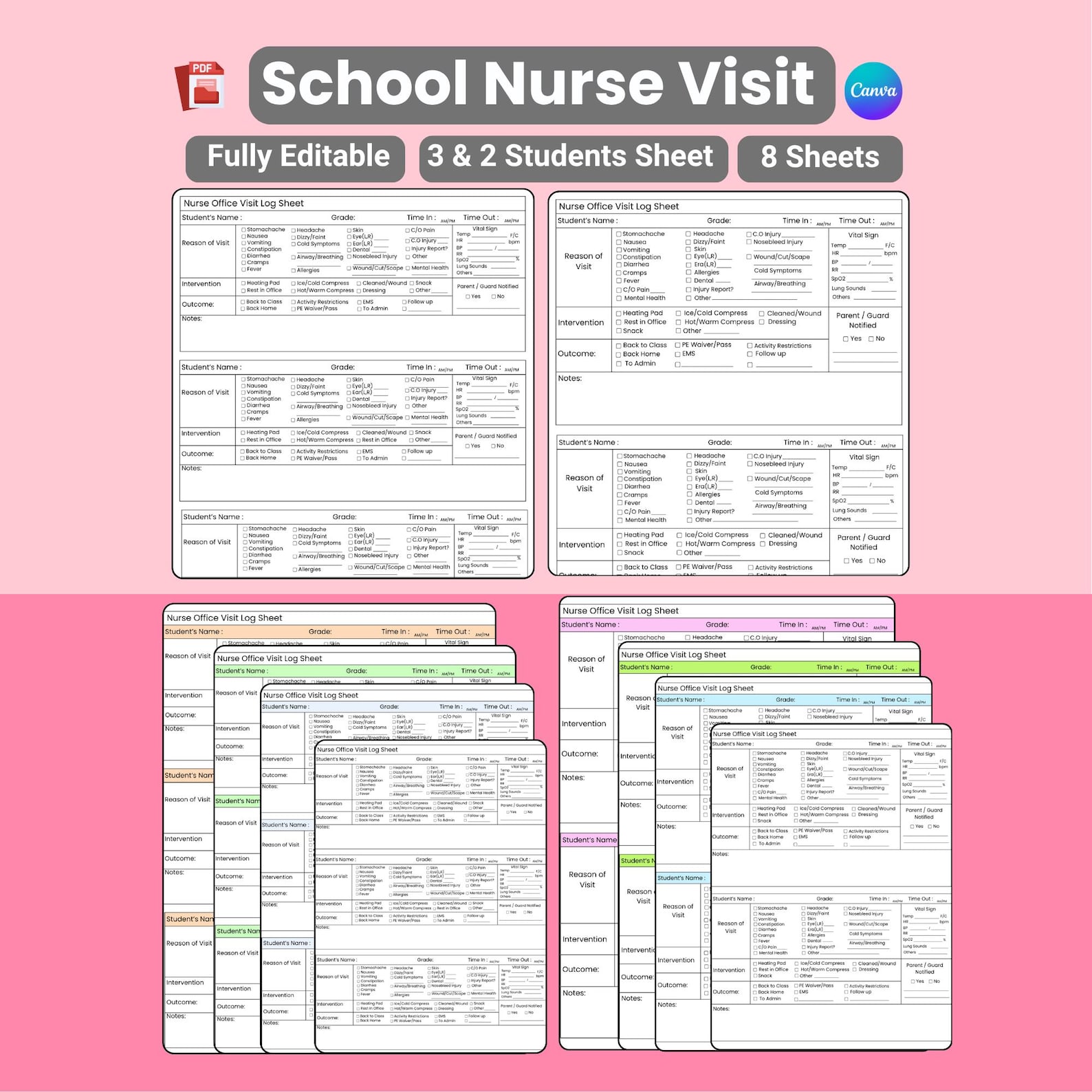 School Nurse Visit Log Sheet | Printable & Editable Health Office ...