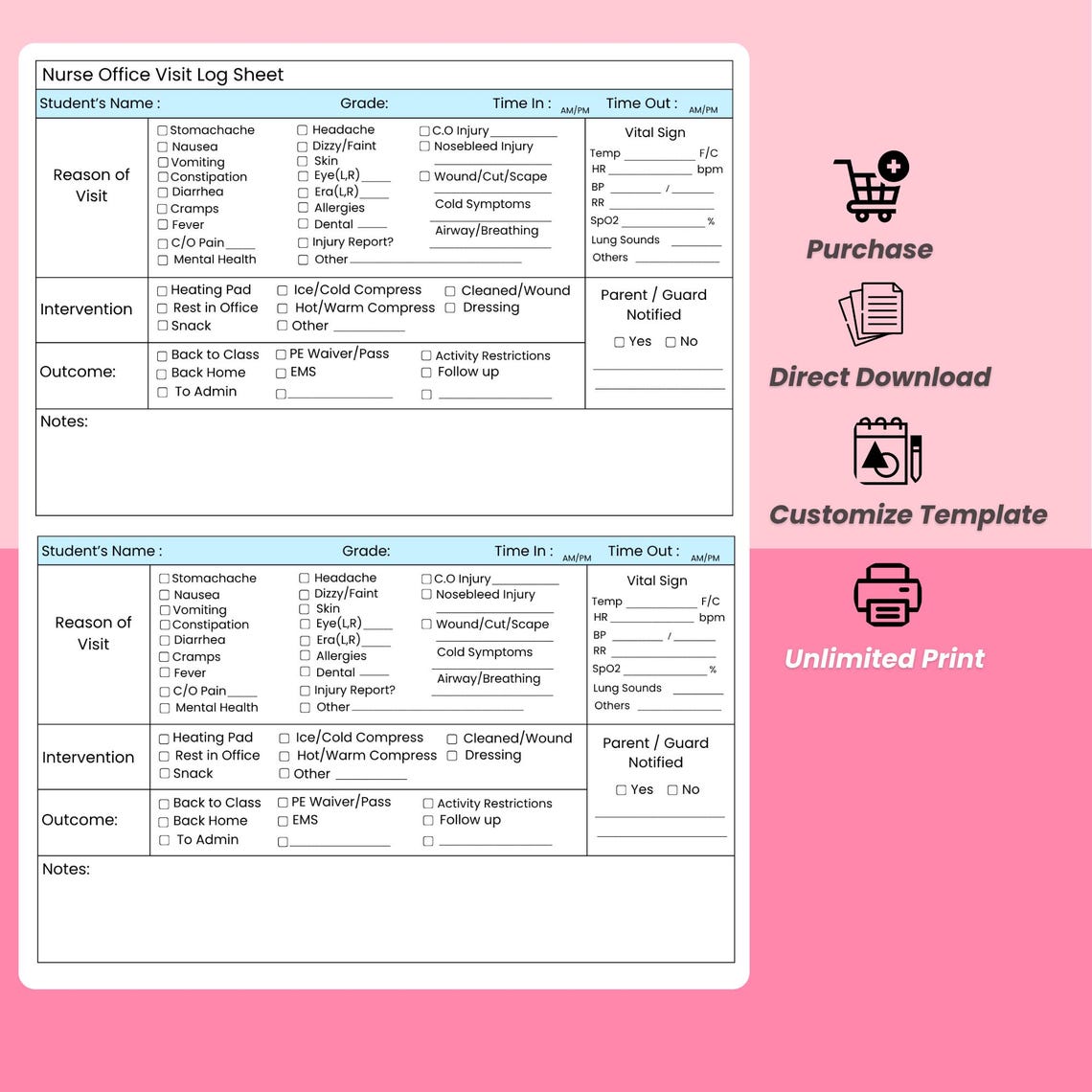 School Nurse Visit Log Sheet | Printable & Editable Health Office ...