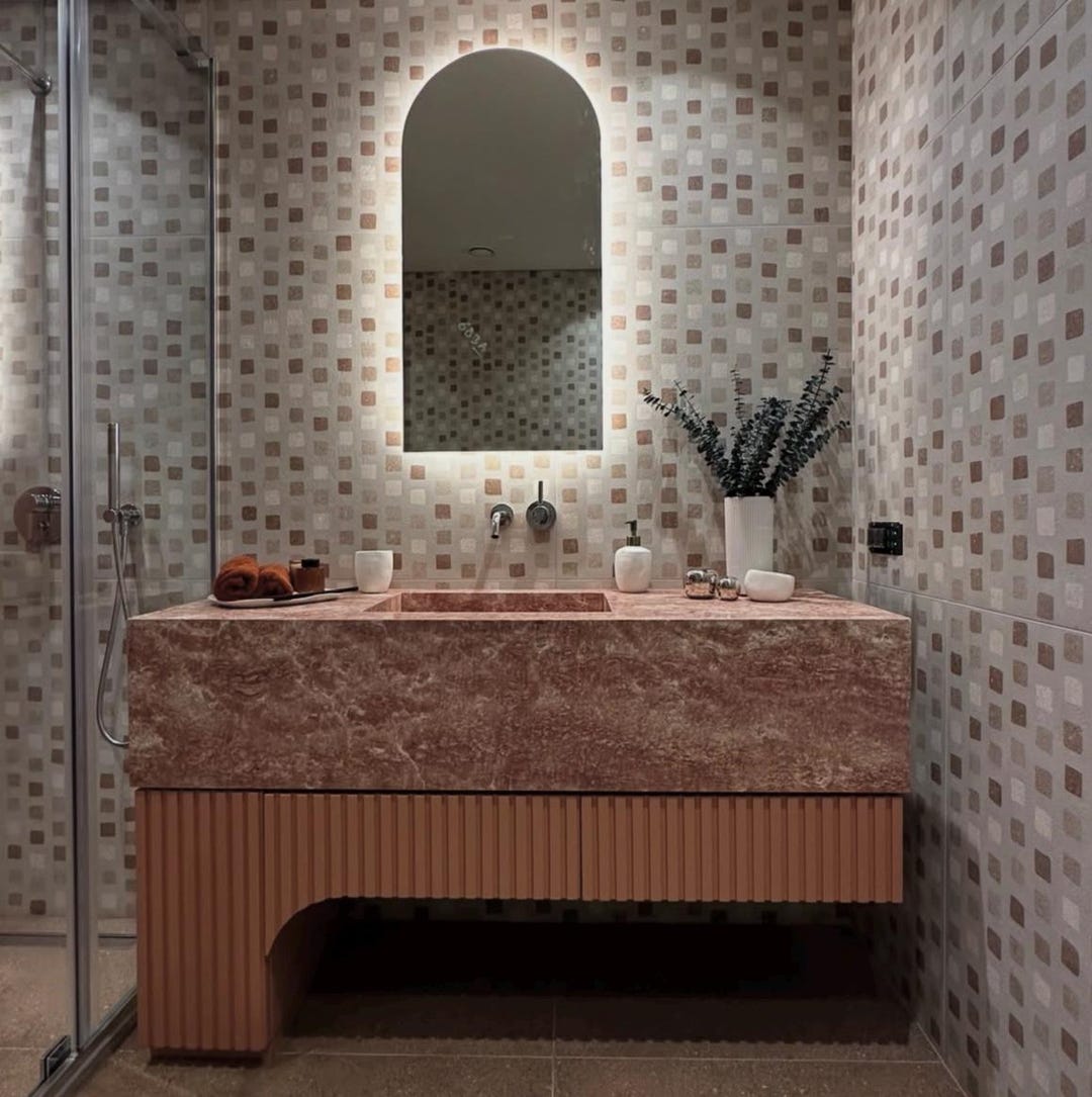 Rosso Travertine Fluted Bathroom Sink: Custom Size Wall-mounted Vanity ...