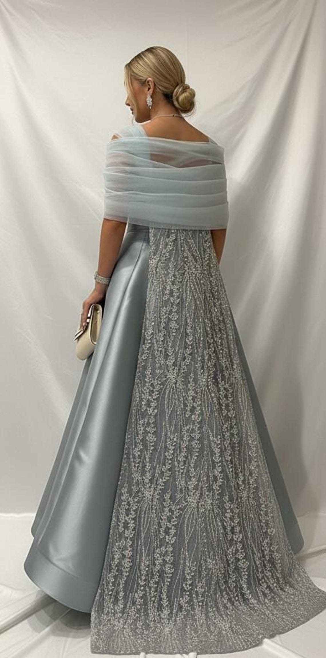 Gray Satin Off-shoulder Evening Gown: Embroidered Lace Back, A-line ...