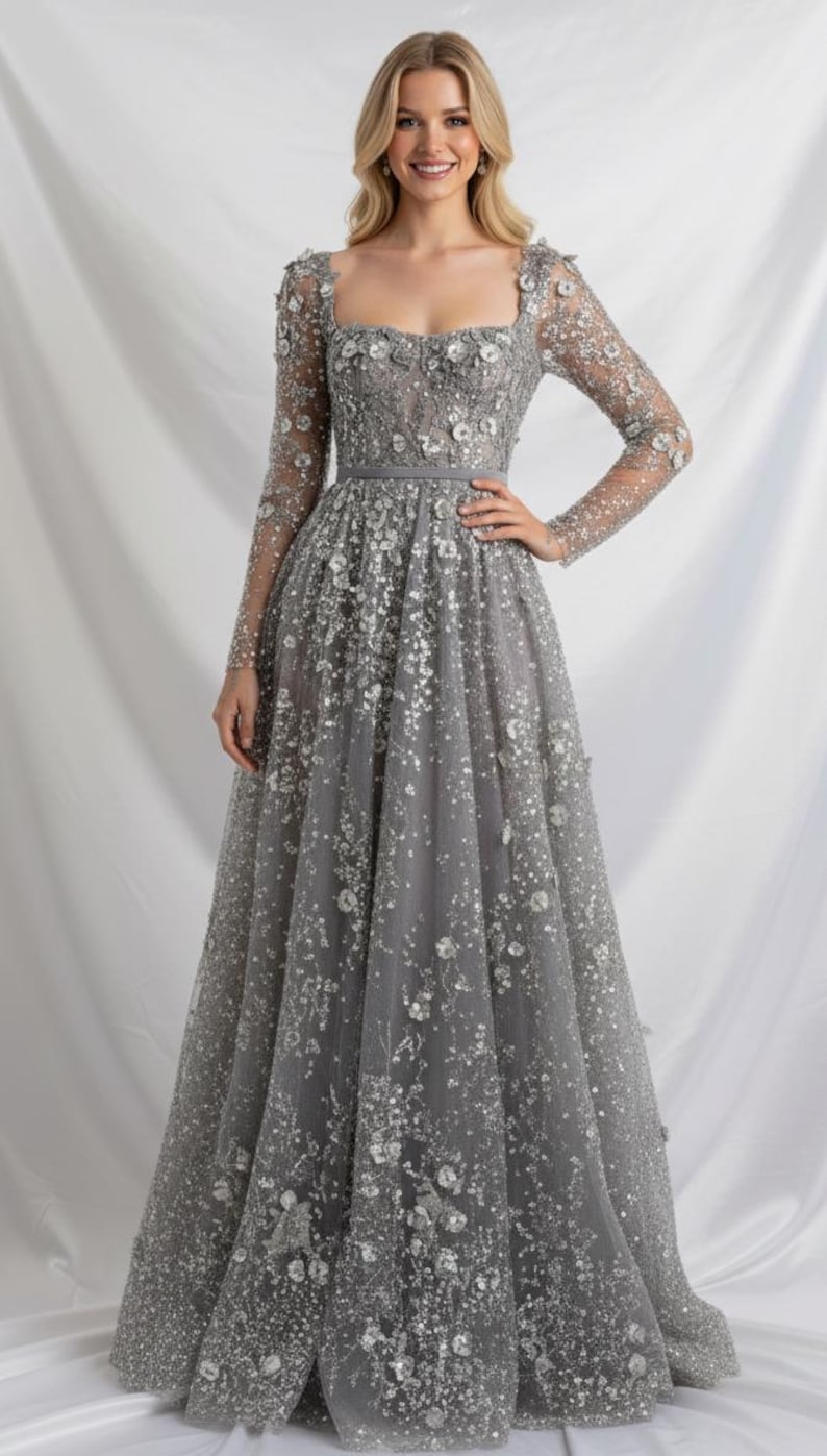Floral Beaded Evening Gown: Sheer Sleeve A-line Formal - Etsy