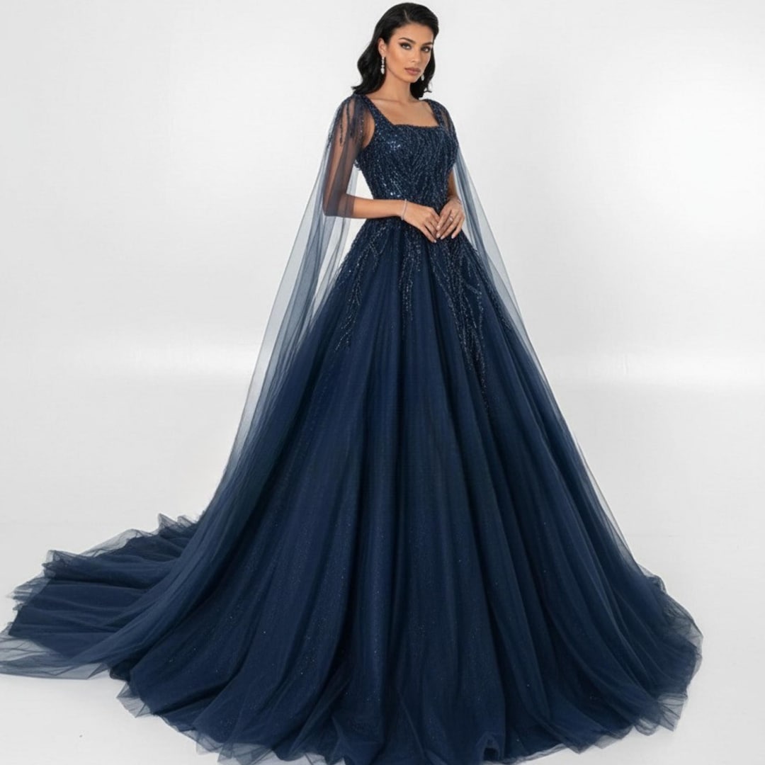 Navy Blue Tulle Ball Gown: Elegant Square Neck Formal Dress - Etsy
