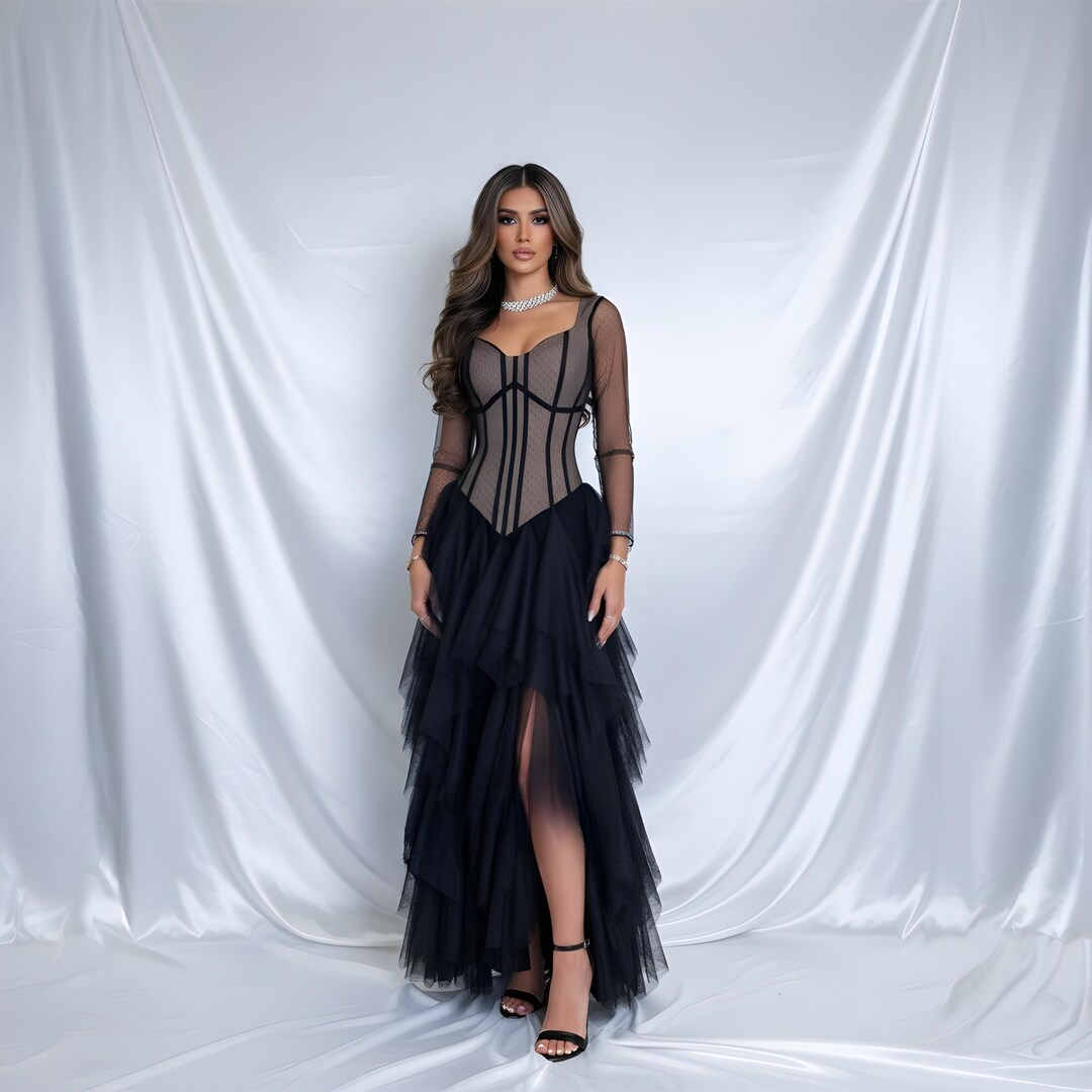 Black Corset Evening Gown | Sheer Mesh, Tulle Ball Gown - Etsy