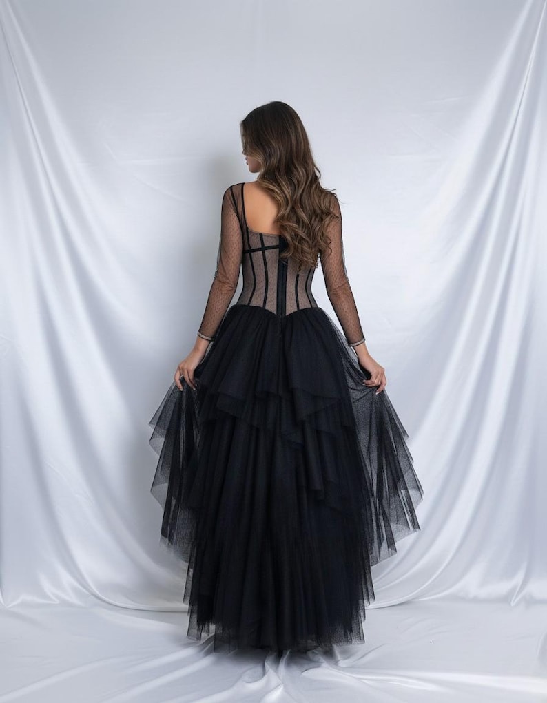 Black Corset Evening Gown | Sheer Mesh, Tulle Ball Gown - Etsy