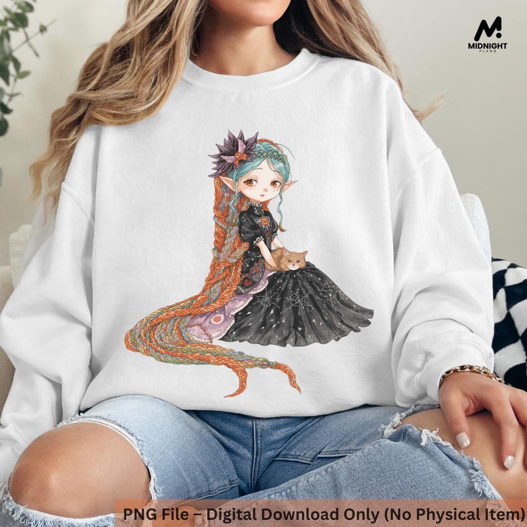 Gothic Elf Girl With Cat PNG: Whimsical Art (digital Download) - Etsy