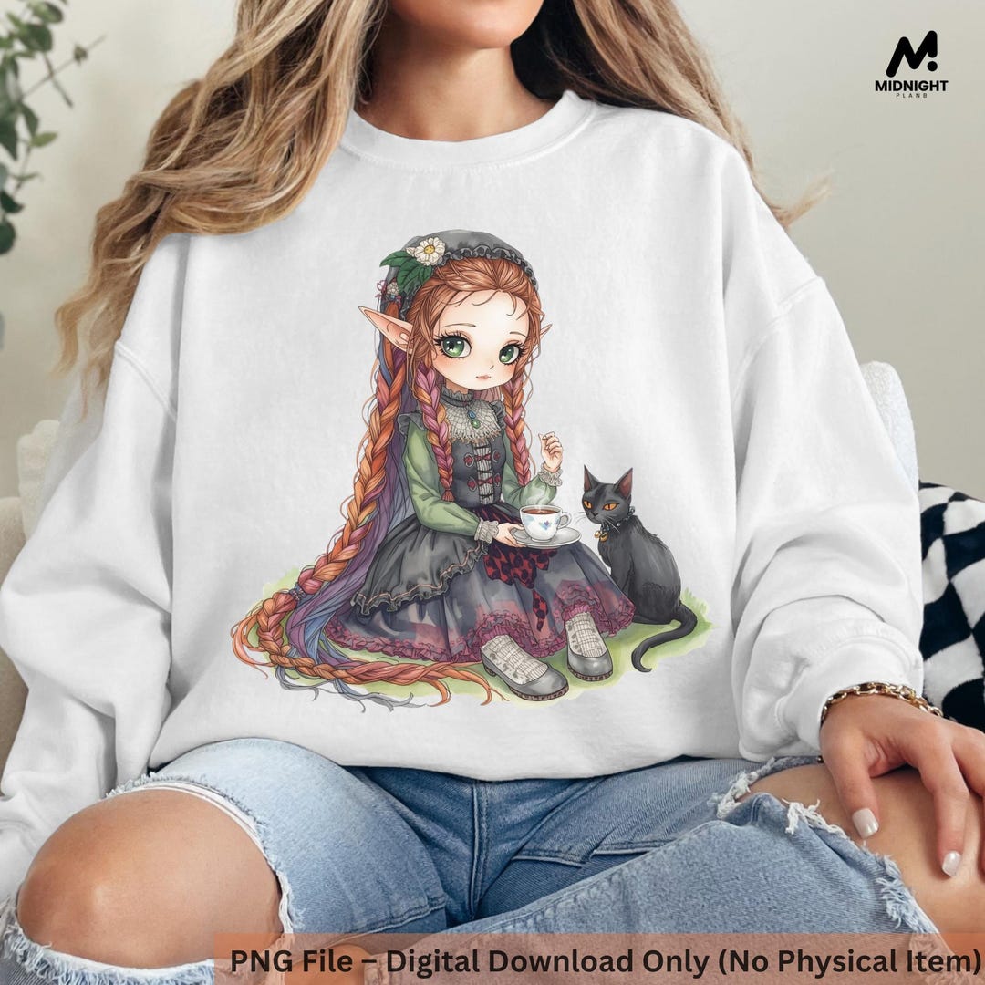 Cozy Elf Tea Time Clipart: Kawaii Cottagecore Black Cat PNG (digital ...