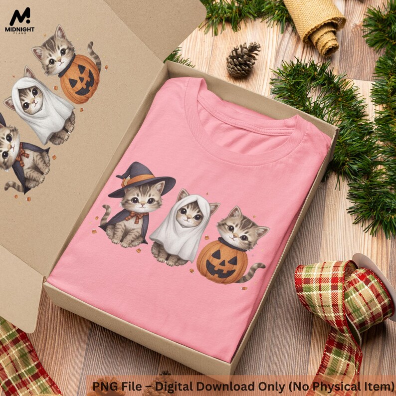 Halloween Kitten Trio PNG: Witch, Ghost, Pumpkin Clipart (digital ...