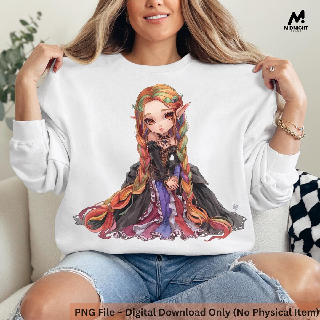 Gothic Chibi Elf Princess PNG: Rainbow Braid Fairy Art (digital ...
