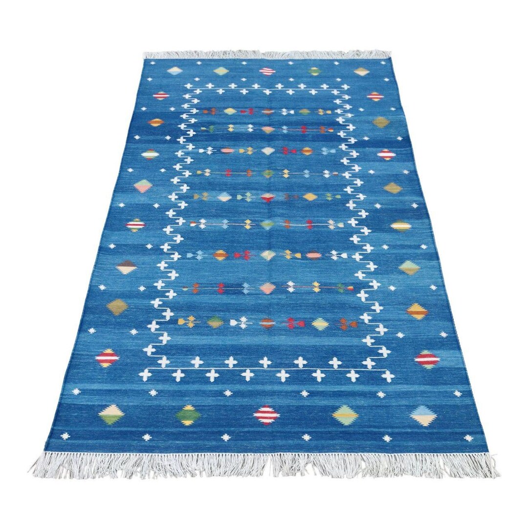 Shooting Star Rug in Blue Geometric Diamond Pattern Flatweave – Boho ...