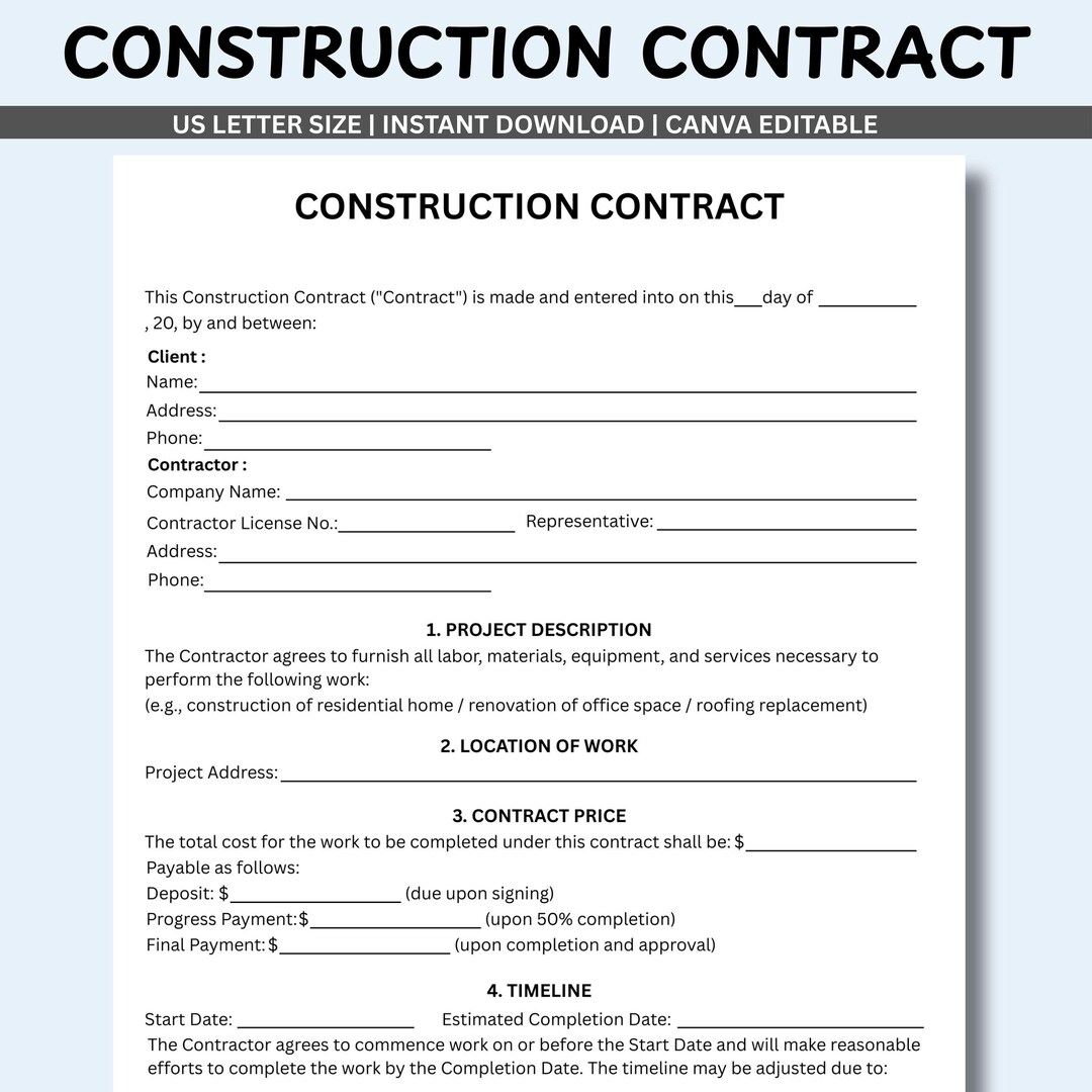 Editable Construction Contract Template: Printable Agreement, Canva ...