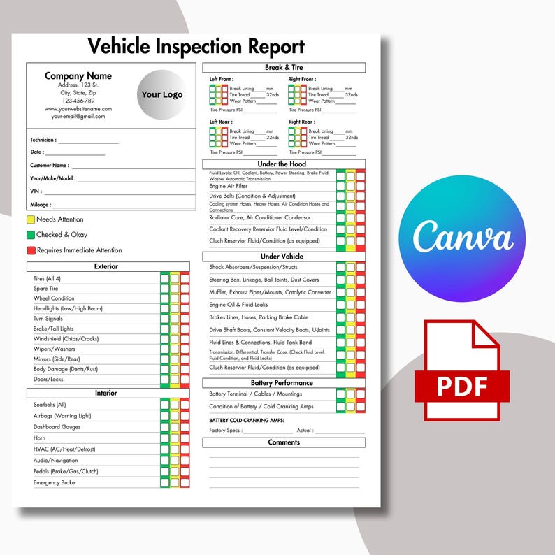 Vehicle Inspection Template: Auto Repair Checklist, Editable PDF - Etsy