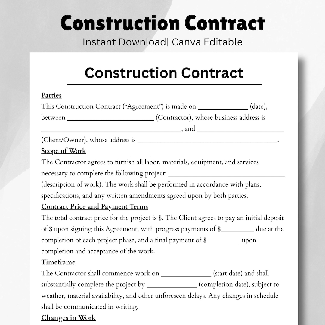 Editable Construction Contract Template: Printable Canva PDF (digital ...