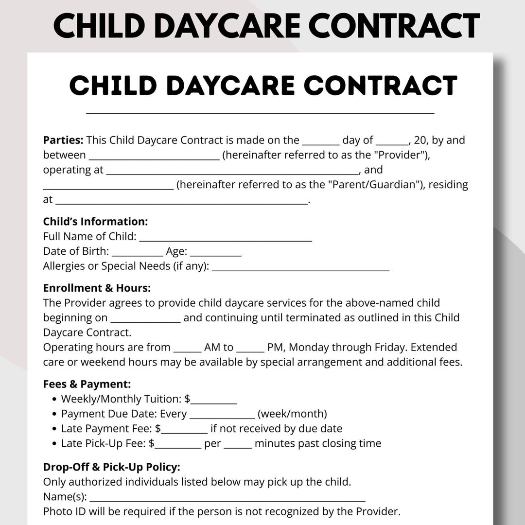 Editable Daycare Contract Template: Canva & PDF, US Letter - Etsy