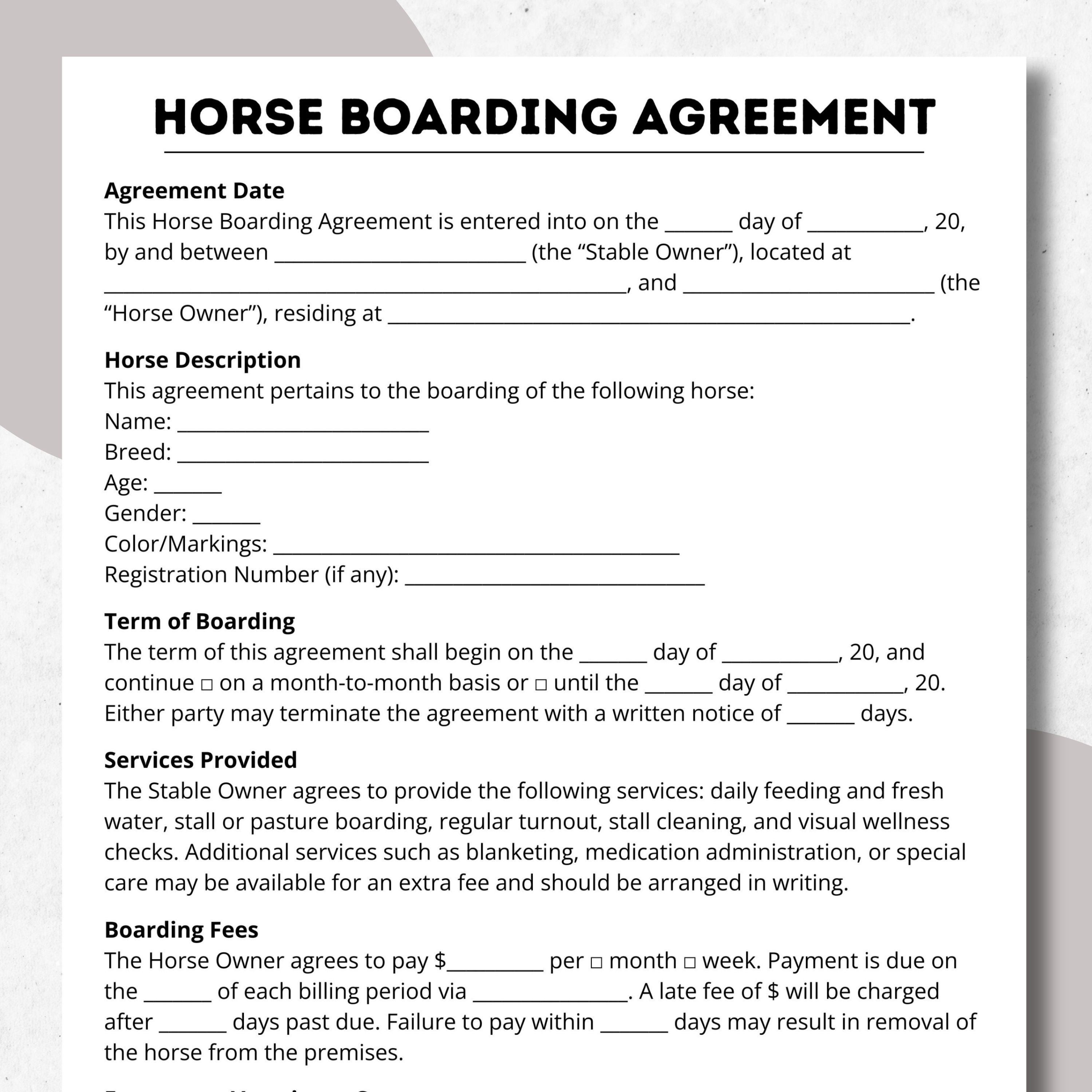 Horse Boarding, Boarding Contract, Horse Waiver, Agreement Form ...