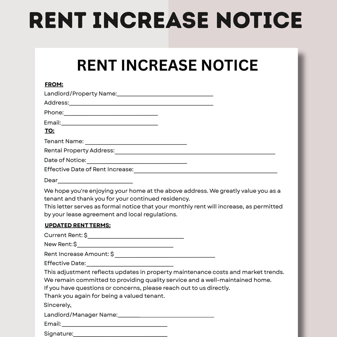 Editable Rent Increase Letter, Printable Rent Increase Notice, Tenant ...