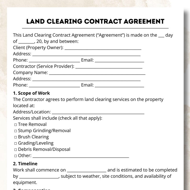 Land Clearing Agreement Template: Excavation Contract Form - Etsy