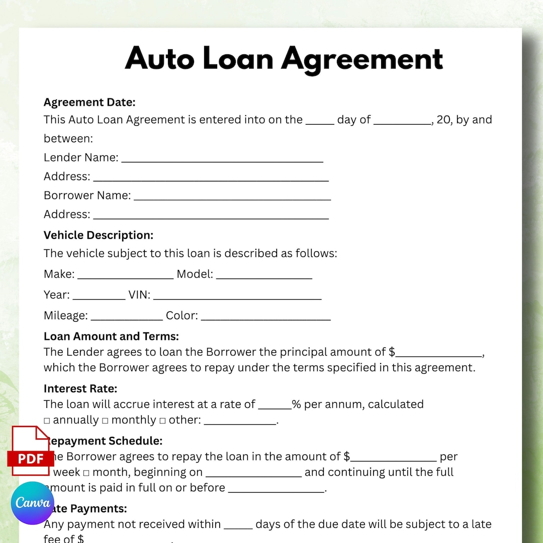Auto Loan Agreement Template: Editable Canva & PDF, US Letter - Etsy