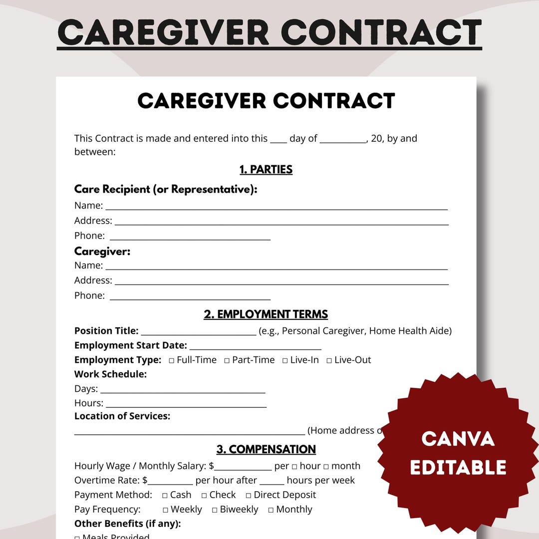 Editable Caregiver Contract Template: In-home Care Agreement (PDF ...