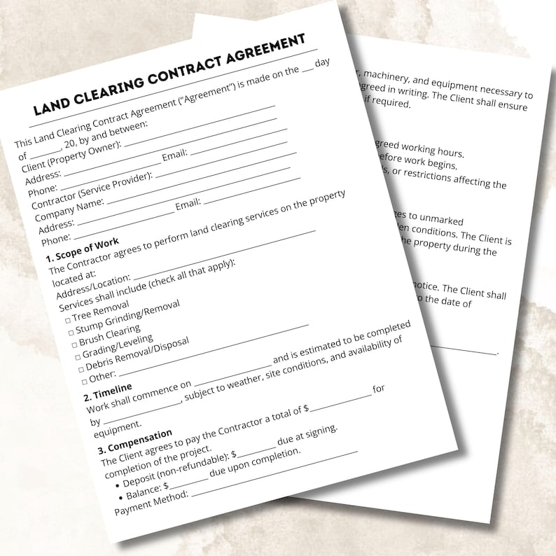 Land Clearing Agreement Template: Excavation Contract Form - Etsy