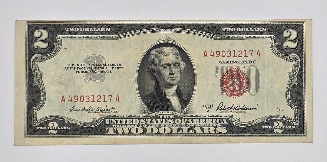Vintage 1953-A Red Seal 2 Dollar Bill | US Legal Tender Note | Thomas ...