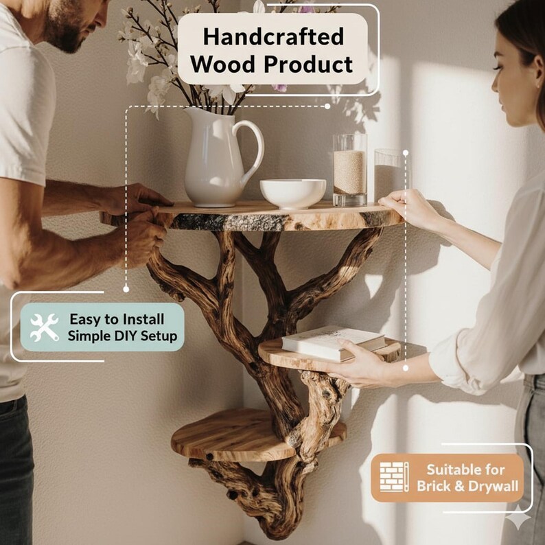 Handmade Live Edge Corner Shelf, Solid Wood Floating Bookshelf, Rustic ...