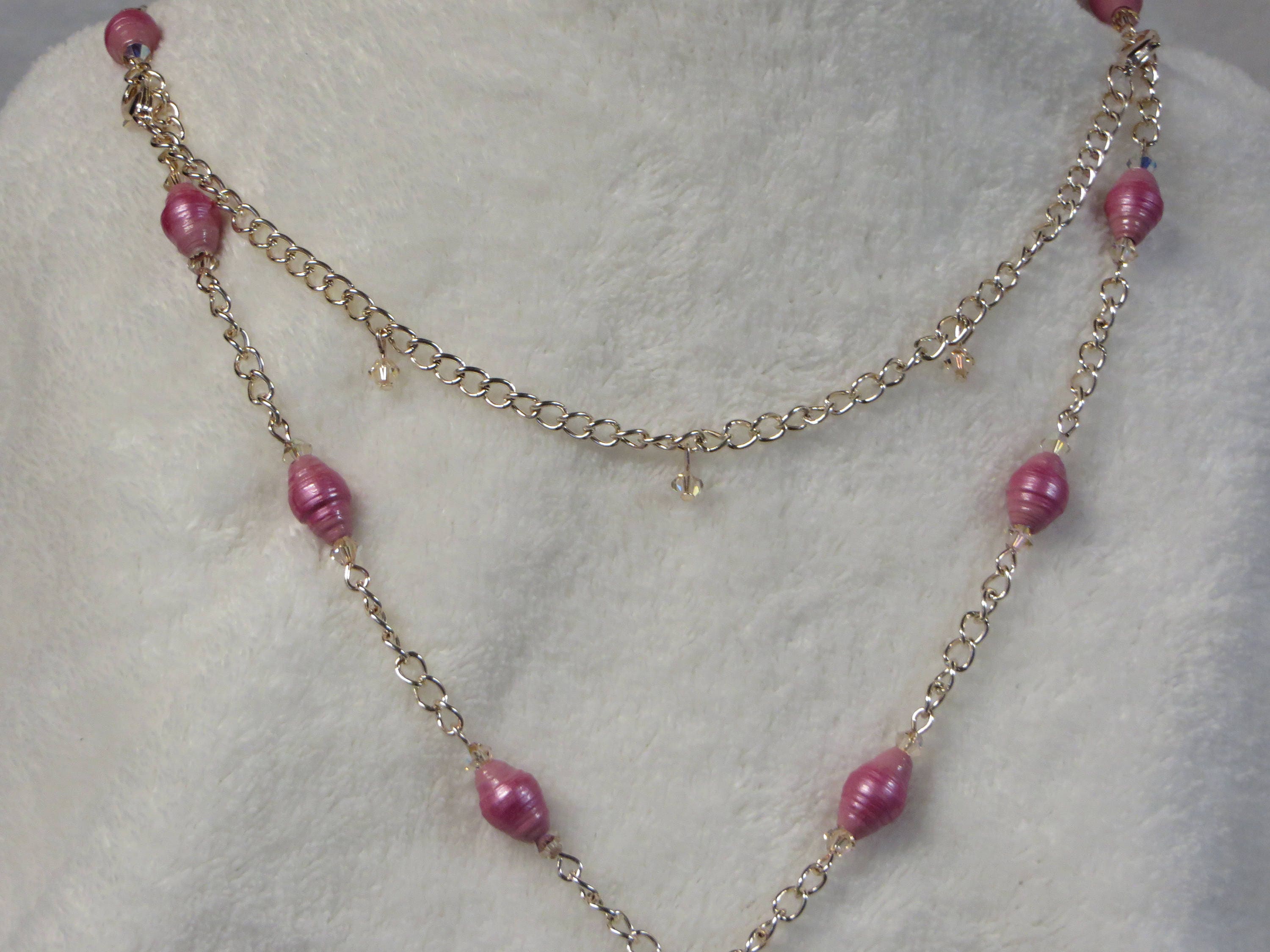 Necklace Rose Gold Chain With Pink Colored Paper Beads - Etsy