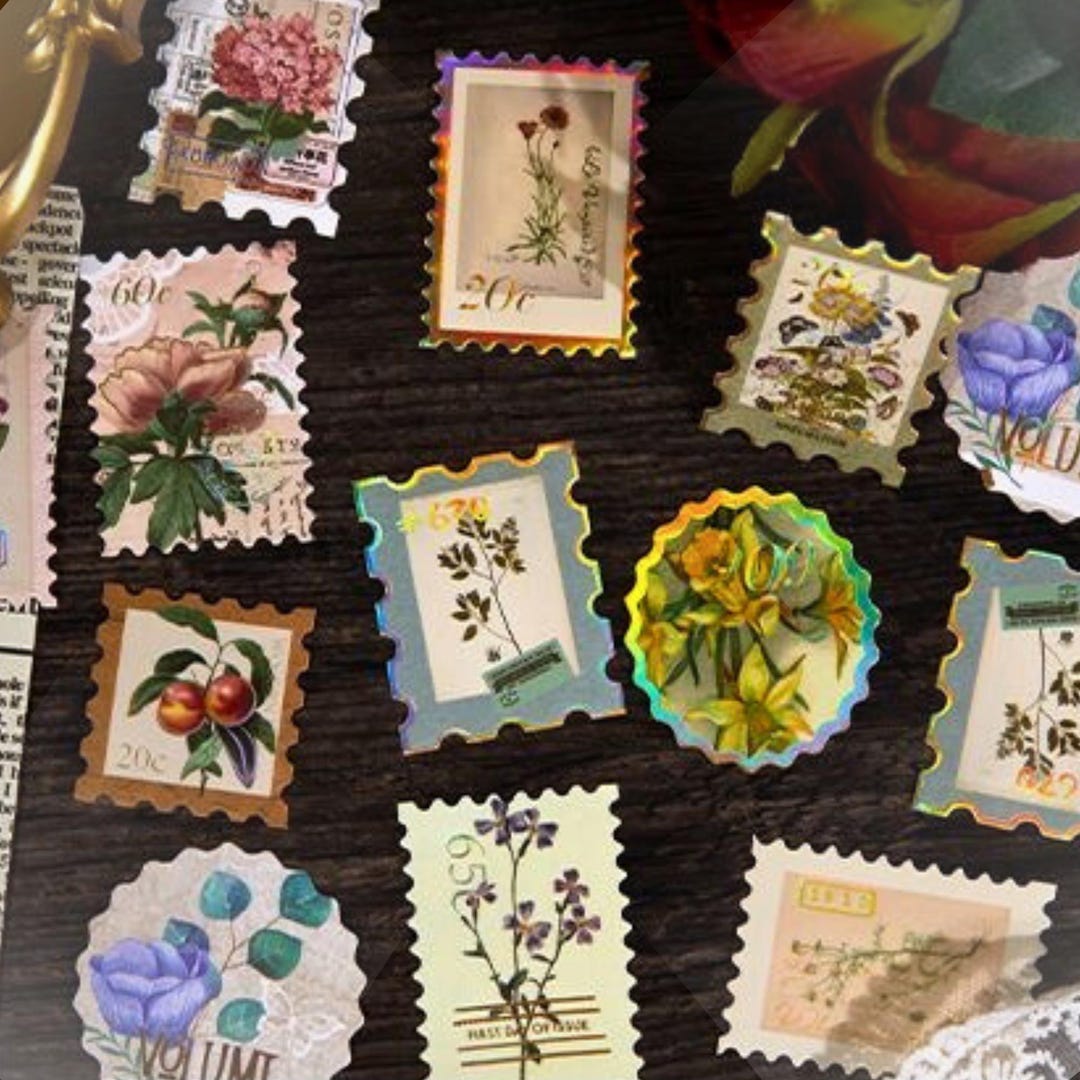 Vintage-style Postage Stamp Stickers, Holographic Foil Edge 40pcs Retro ...
