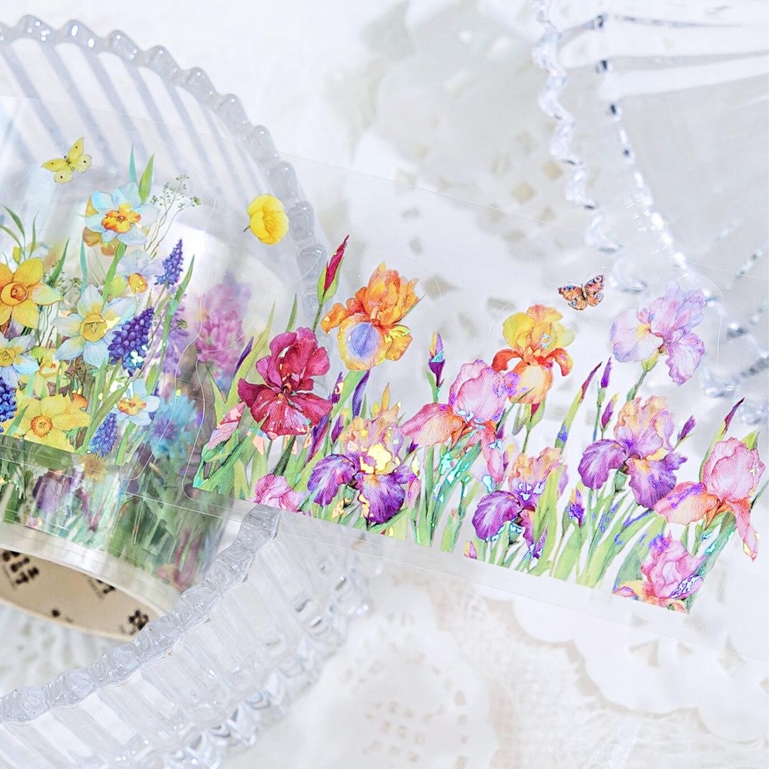Holographic PET Sticker Roll – Die Cut Floral Washi Tape Style Stickers ...