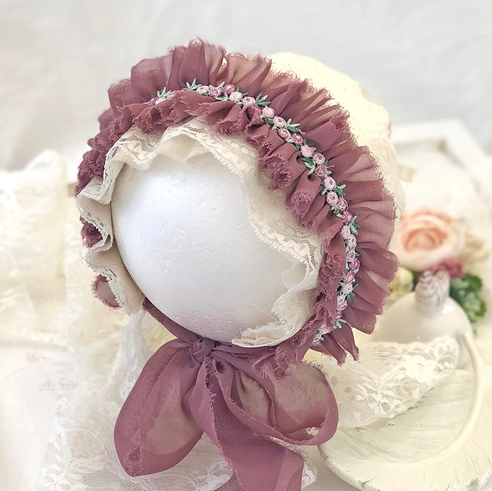 Mauve Ruffle Lace Bonnet Mauve Pink Sitter Bonnet Baby | Etsy