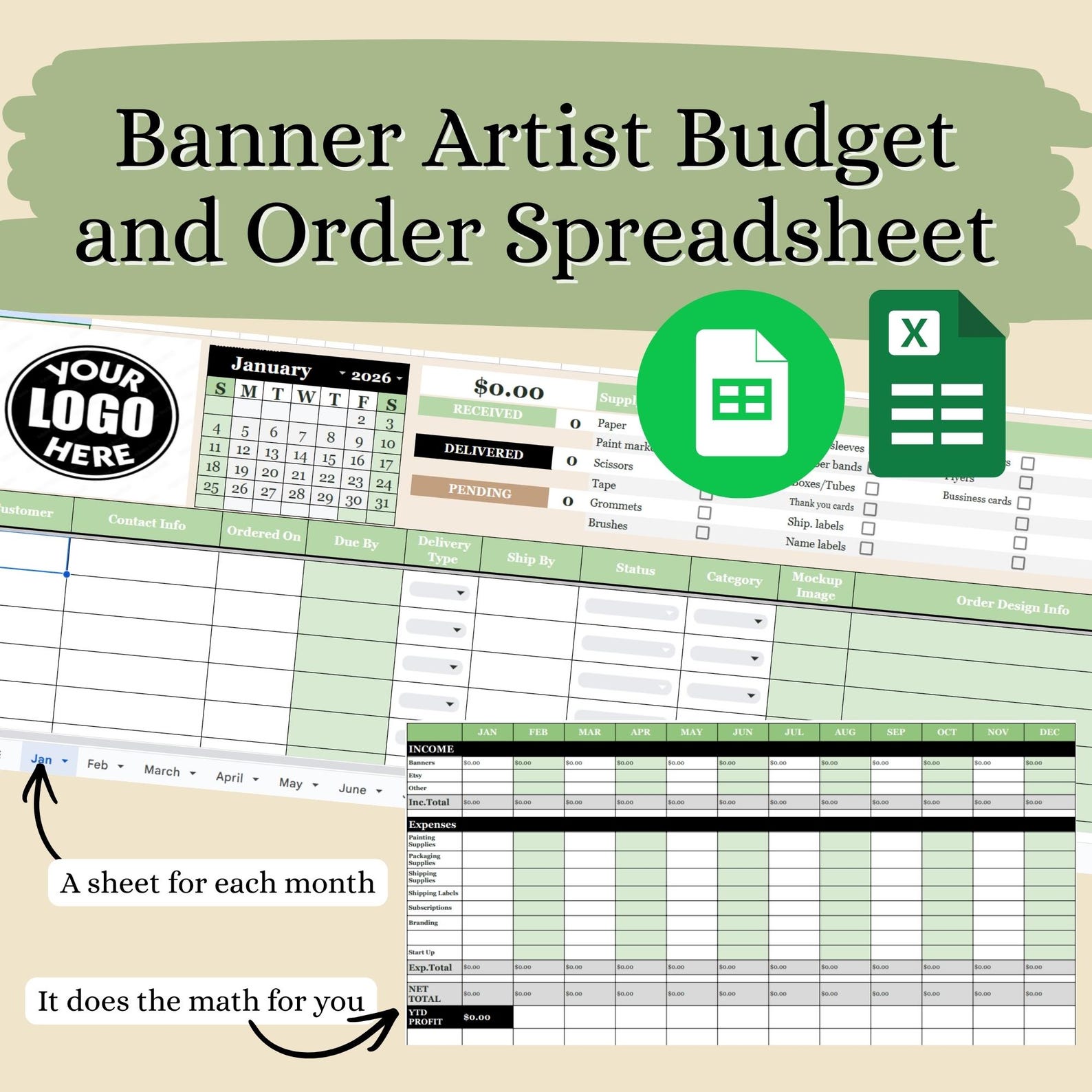 Banner Artist Budget and Order Tracker Spreadsheet Template, Google ...