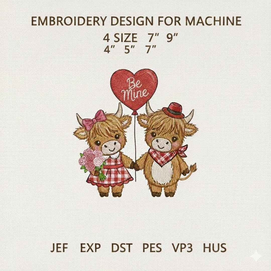 Valentine Highland Cow Embroidery Design, Cute Love Cow Stack, Farm ...