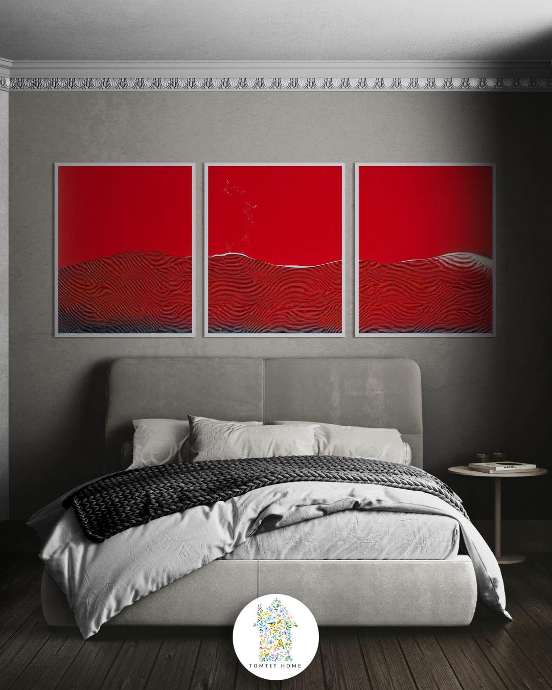 Modern Abstract Wall Art Set of 3: Red and Black Triptych (digital ...