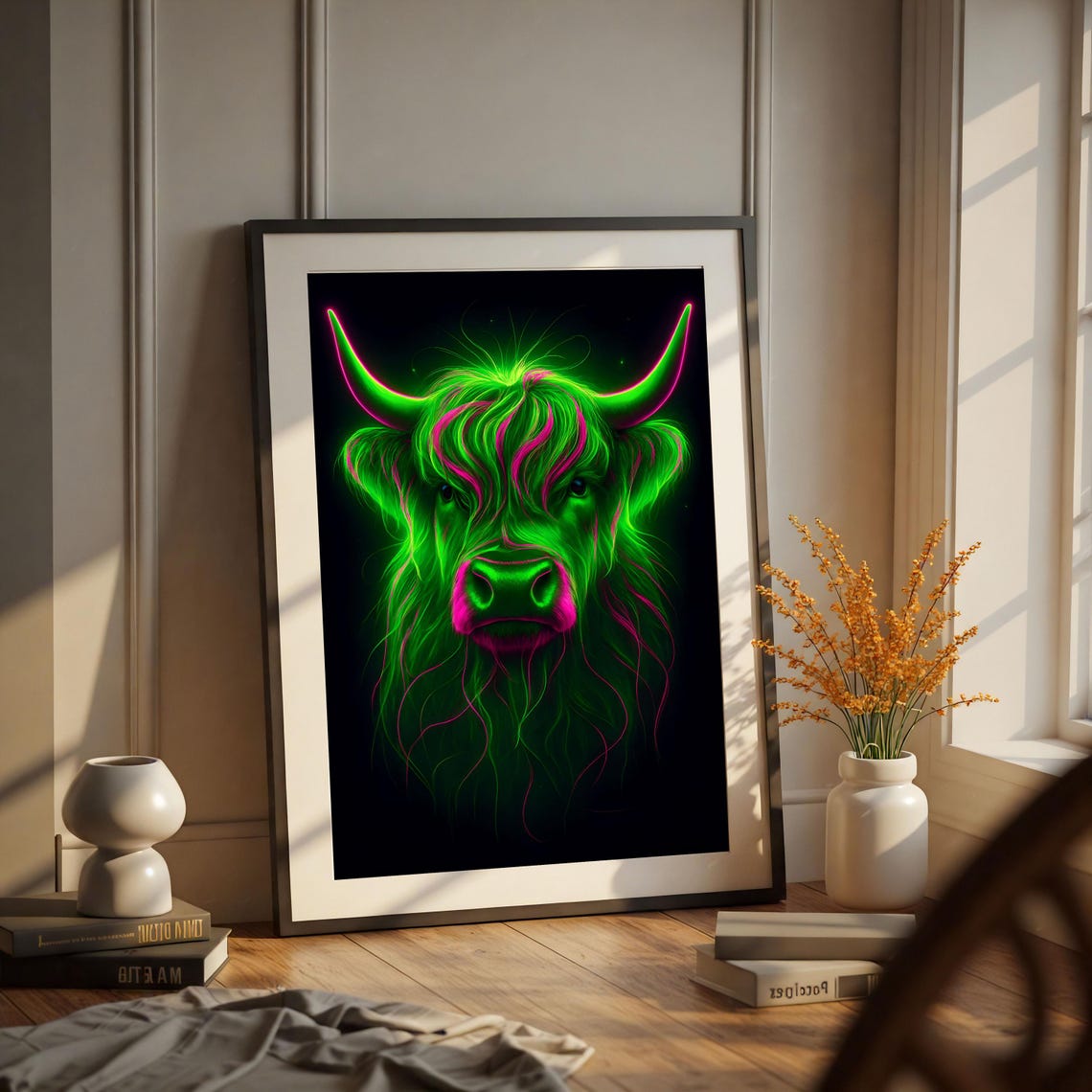 Funky Neon Highland Cow Art Prints: Whimsical Home Decor - Etsy