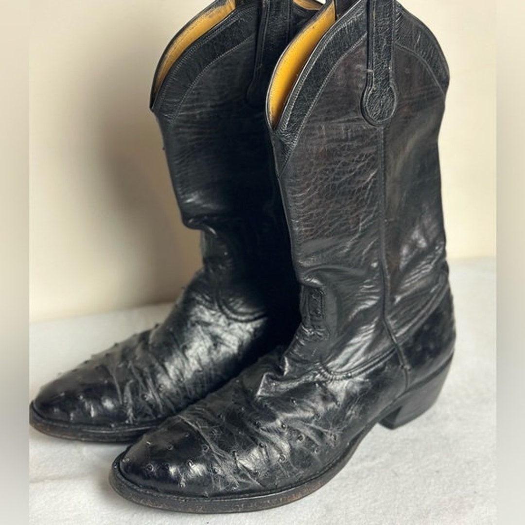 VINTAGE Black Ostrich Leather Cowboy Boots Western rios of Mercedes ...