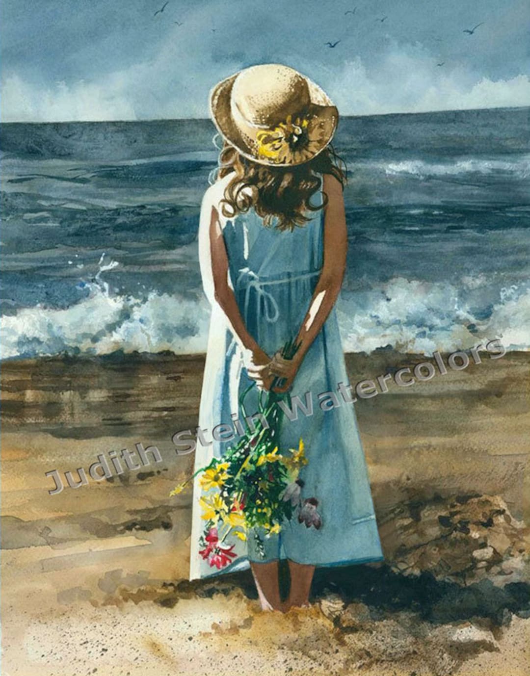 Beach Girl in Blue Dress & Straw Hat, Flower Bouquet, Children ...